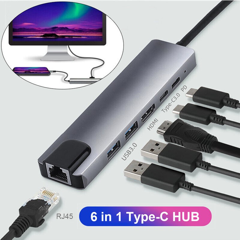 6 En 1 Multipuerto USB-C Hub Tipo Salida HD 4K HDMI RJ45 3.0 Adaptador ...