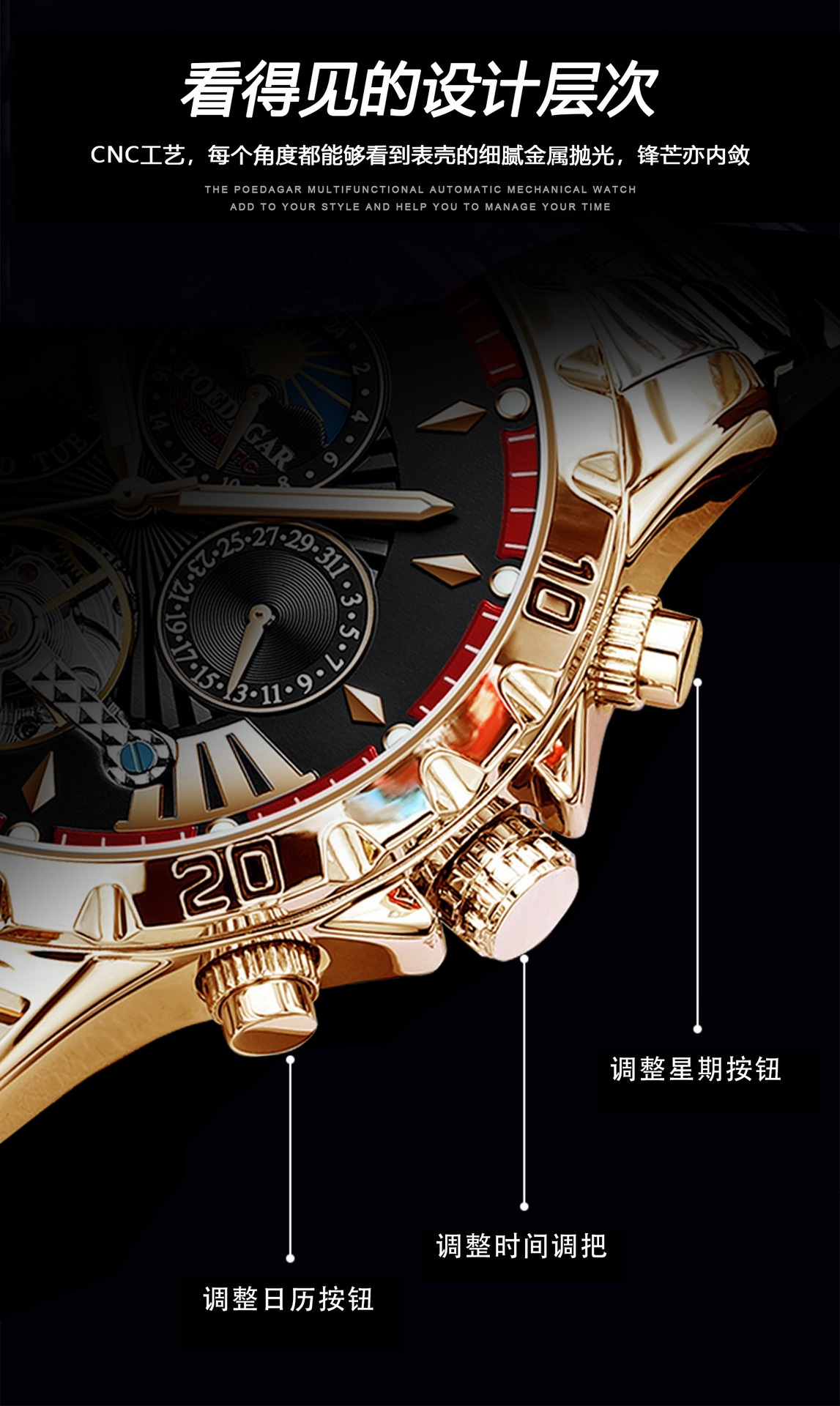 Certificación Suiza POEDAGAR Reloj Automático Para Los Hombres A Prueba ...