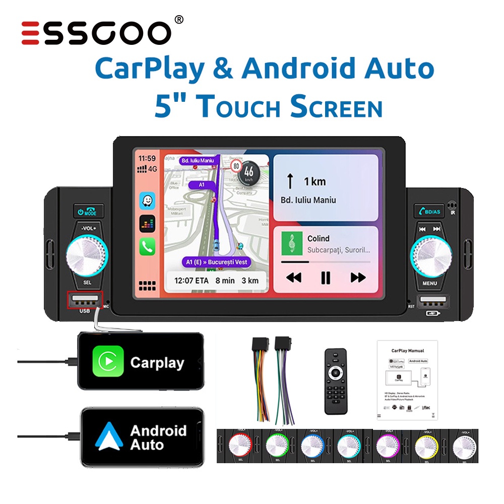 ESSGOO Carplay 5 " Pulgadas Radio Estéreo De Coche Solo 1 Din Pantalla Táctil Bluetooth Vedio ...