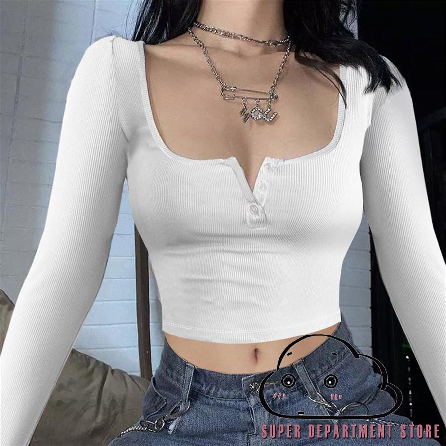 SUPER-Mujeres Polera De Manga Larga Botones Cuello Cuadrado Skinny Basic Crop Tops | Shopee Chile