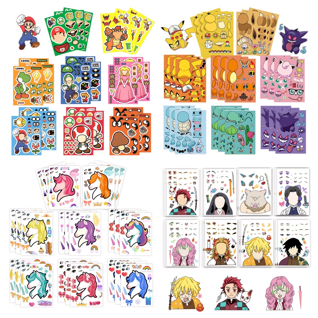 8 Sheets Mario Pokemon Damon Slayer Children Puzzle Anime Stickers Make ...