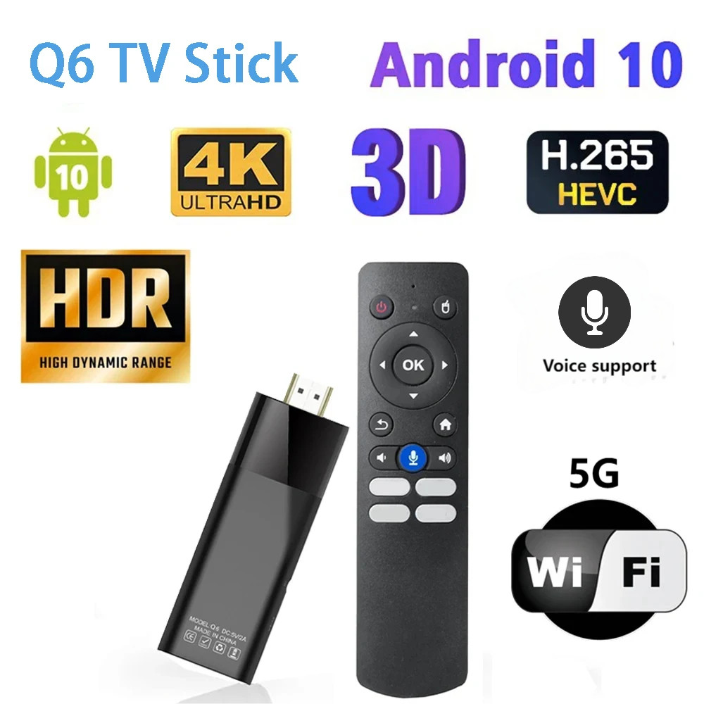 Q6 TV Stick Control De Voz Allwinner H313 quad core Cortex A53 HDMI2.0 Dual WiFi 4G 5G Android ...