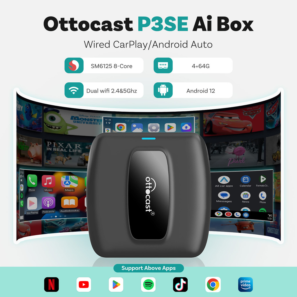 OTTOCAST Android12 Smart AI Box Adaptador Inalámbrico De CarPlay Para Netflix YouTube TV ...